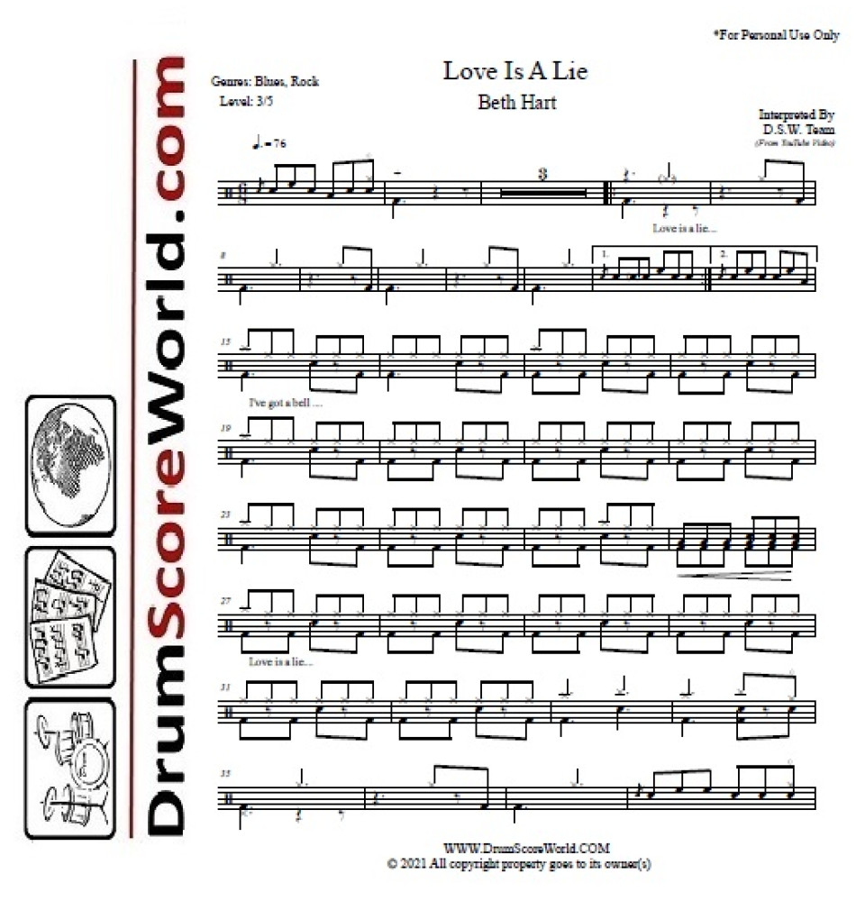 Beth Hart - Love Is A Lie - Drum Sheet - Drum Score - Drum Note - Drum ...