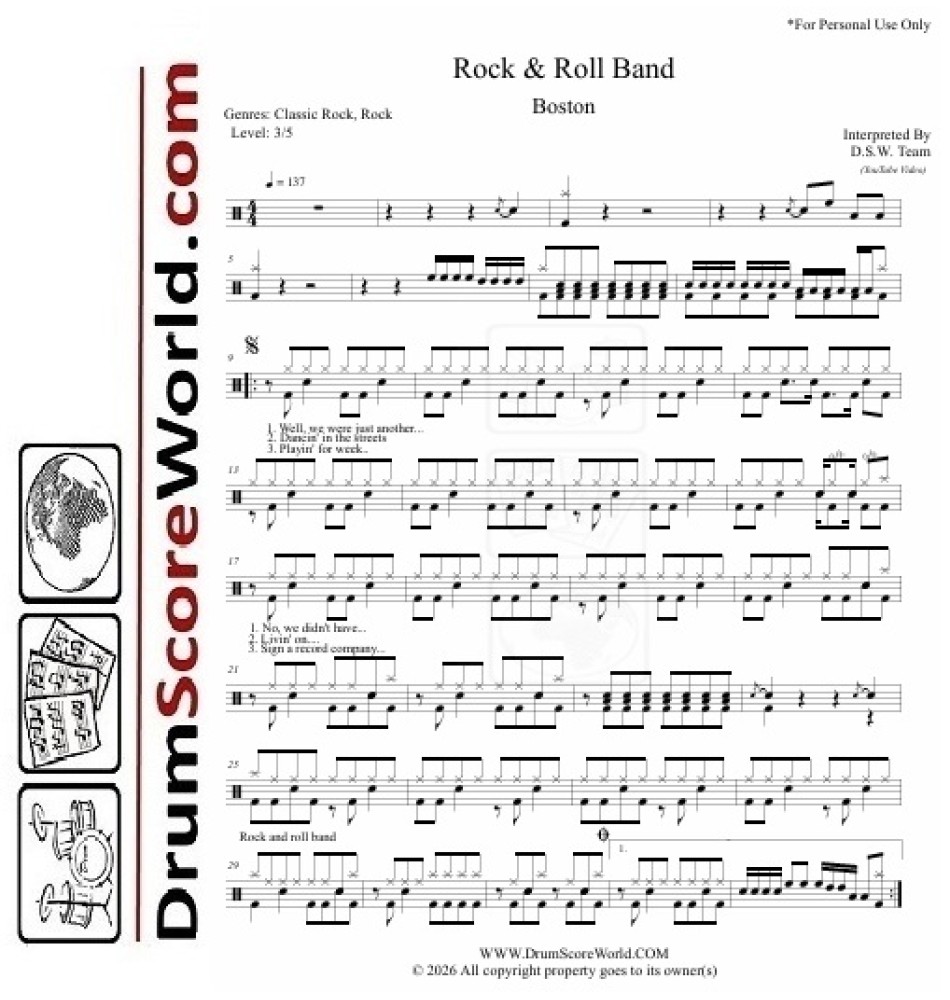 Boston - Rock And Roll Band | Drum Sheet + Play-Along Track
