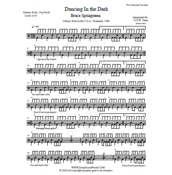 Bruce Springsteen - Dancing In the Dark - Drum Sheet - Drum Score ...