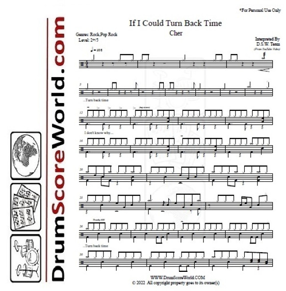 Cher - If I Could Turn Back Time - Drum Sheet - Drum Score - Drum Note ...