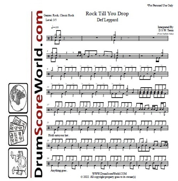 Def Leppard - Rock Till You Drop - Drum Sheet - Drum Score - Drum Note ...