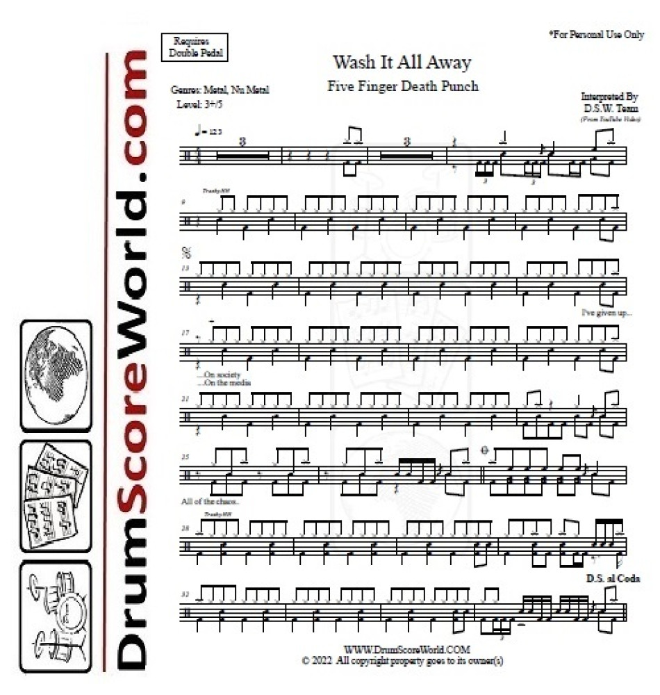 Five Finger Death Punch - Wash It All Away - Drum Sheet - Drum Score ...