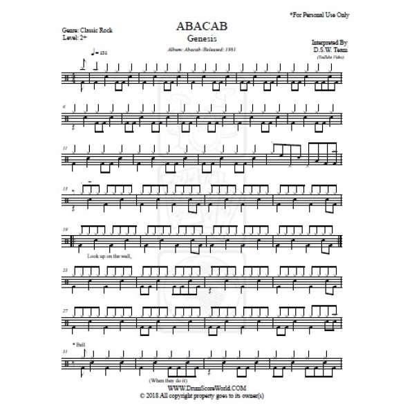 Genesis - Abacab - Drum Score - Drum Sheet - 드럼악보 - ドラムスコア - 鼓得分