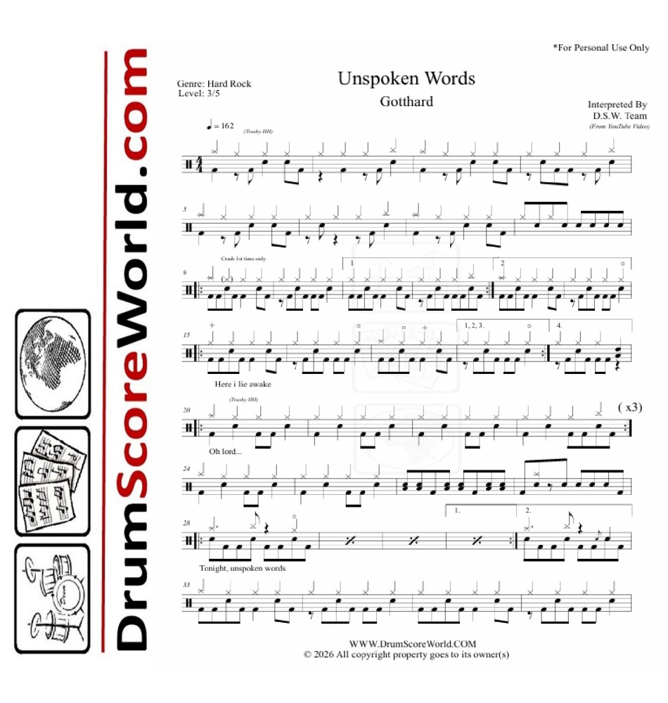 Gotthard Unspoken Words Drum Sheet Drum Notation Score De Tambour 드럼악보 ...