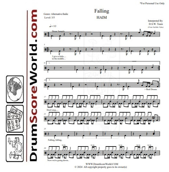 HAIM - Falling - Drum Sheet, Drum Score, Drum Note, Drum Transcription ...