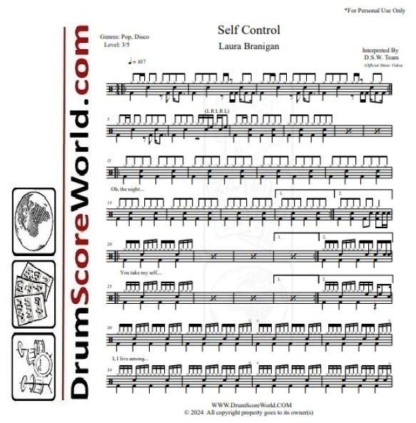 Laura Branigan - Self Control - Drum Sheet - Drum Score - Drum Note ...