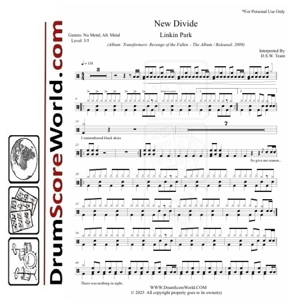 Linkin Park - New Divide Drum Sheet Music + Play-Along Track - - Drum ...