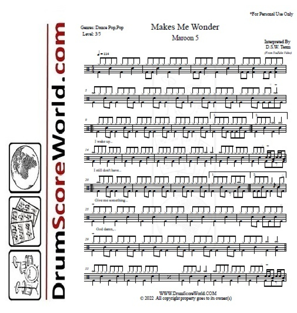 Maroon 5 - Makes Me Wonder - Drum Sheet- Drum Score - Drum Note - Drum ...