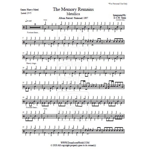 Metallica - The Memory Remains - Drum Sheet - Drum Score - Drum Note ...
