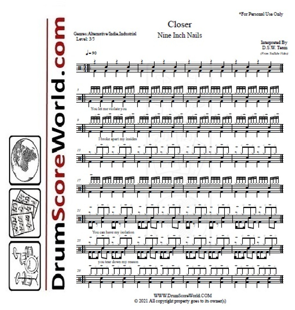 Nine Inch Nails – Closer - Drum Sheet - Drum Score - Drum Note - Drum ...