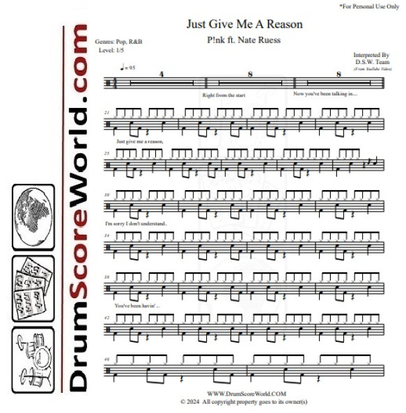 P!nk - Just Give Me A Reason - Drum Sheet - Drum Score - Drum Note ...