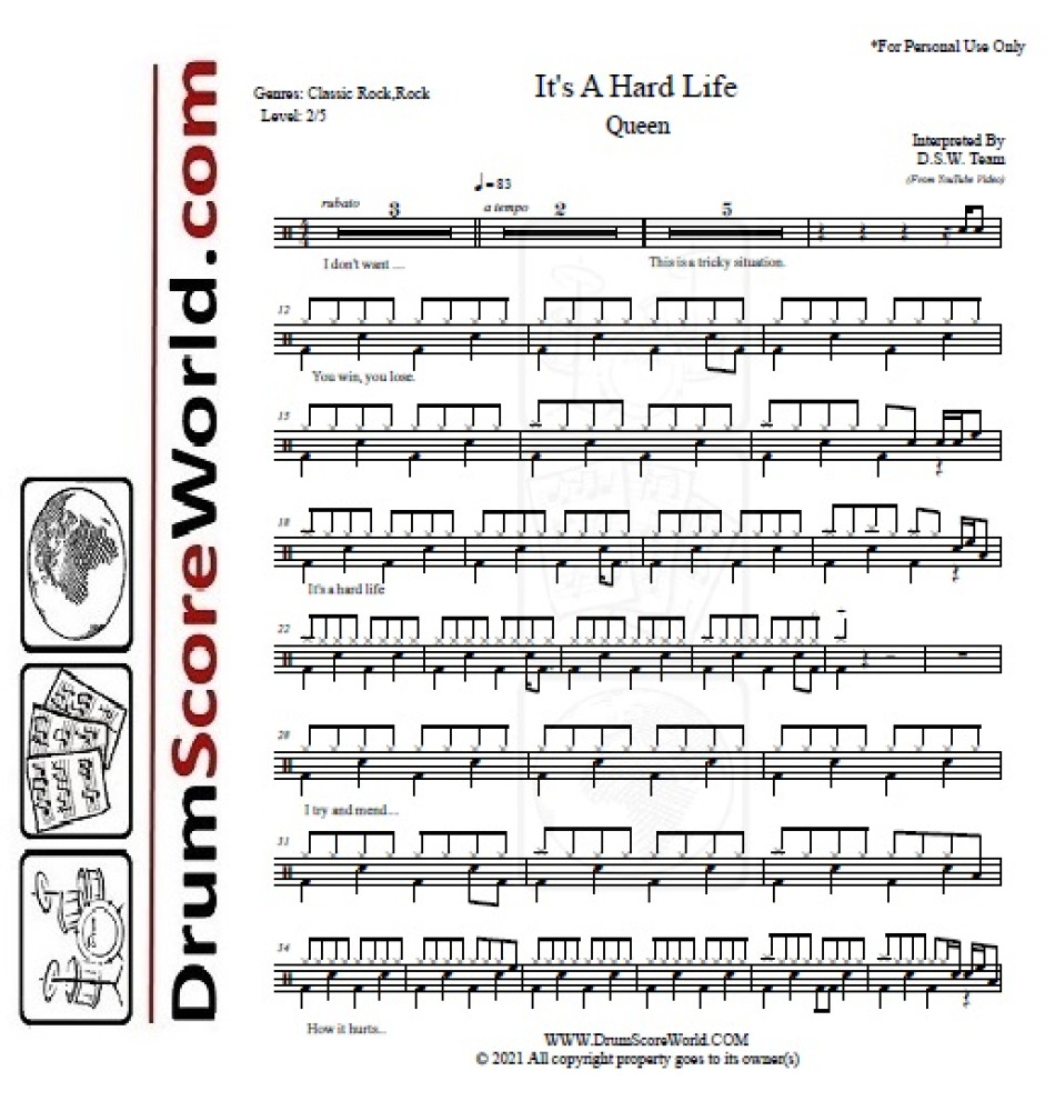 Queen - It's A Hard Life - Drum Sheet - Drum Score - Drum Note - Drum ...
