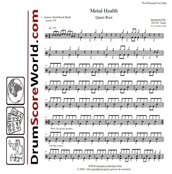 Quiet Riot - Metal Health - Drum Sheet, Drum Score, Drum Note, Drum ...