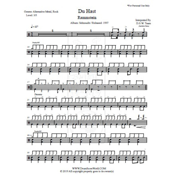Rammstein - Du Hast - Drum Sheet - Drum Score - Drum Note - Drum ...