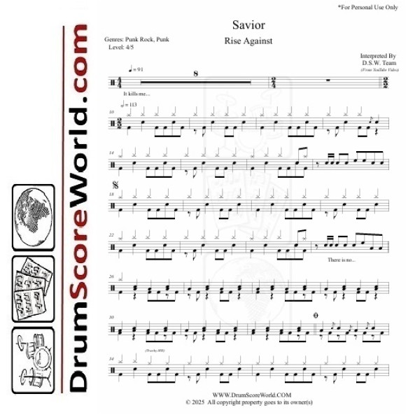 Rise Against - Savior Drum Pack: Sheet Music PDF & Play-Along Audio