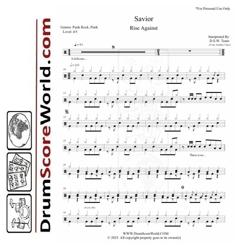 Rise Against - Savior Drum Pack: Sheet Music PDF & Play-Along Audio