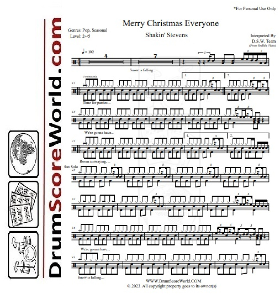 Shakin' Stevens - Merry Christmas Everyone - Drum Sheet - Drum Score ...
