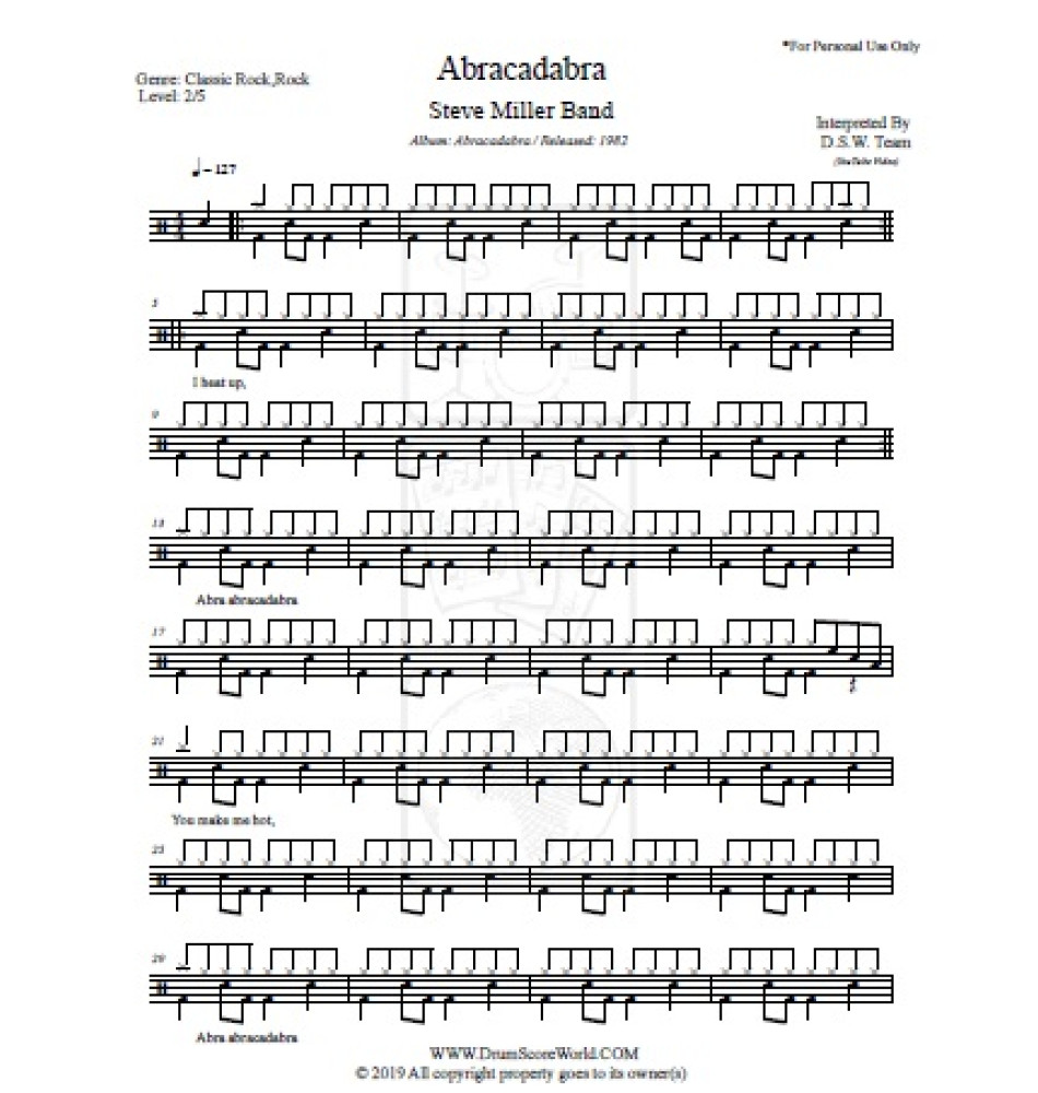 Steve miller Band - Abracadabra - Drum Sheet - Drum Score - Drum Note ...