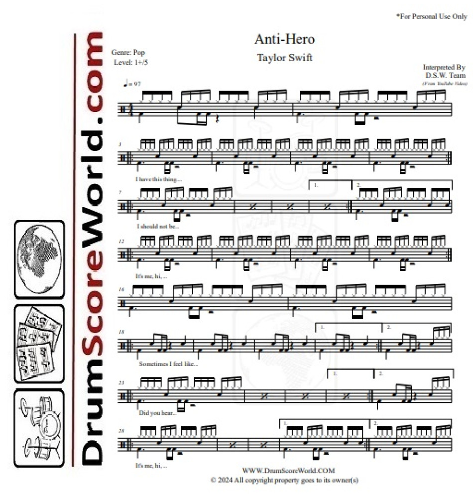Taylor Swift - Anti Hero - Drum Sheet, Drum Score, Drum Note, Drum ...