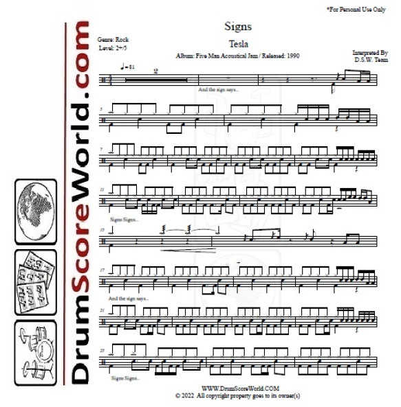 Tesla - Signs - Drum Sheet - Drum Score - Drum Note - Drum ...