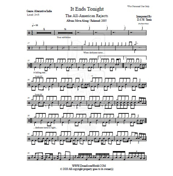 The All American Rejects - It Ends Tonight - Drum Sheet - Drum Score ...