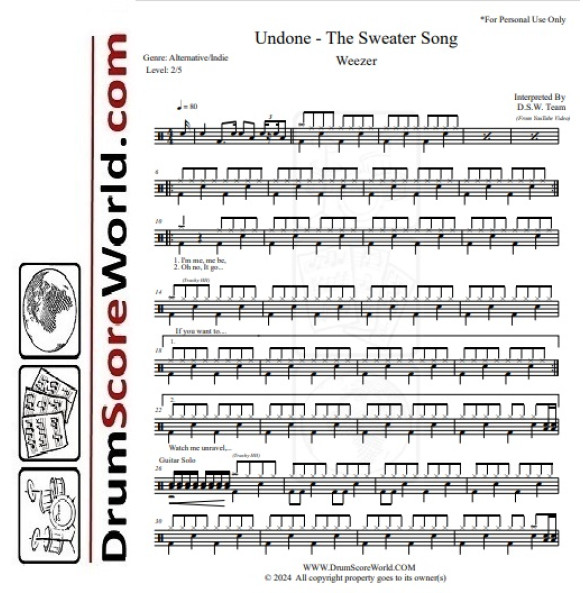 Weezer - Undone - The Sweater Song - Drum Sheet - Drum Score - Drum ...