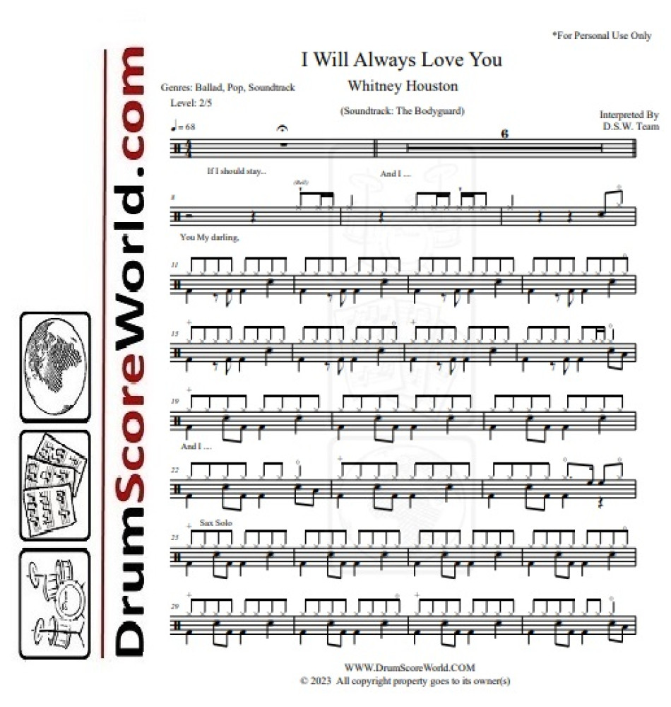 Whitney Houston - I Will Always Love You - Drum Sheet - Drum Score ...