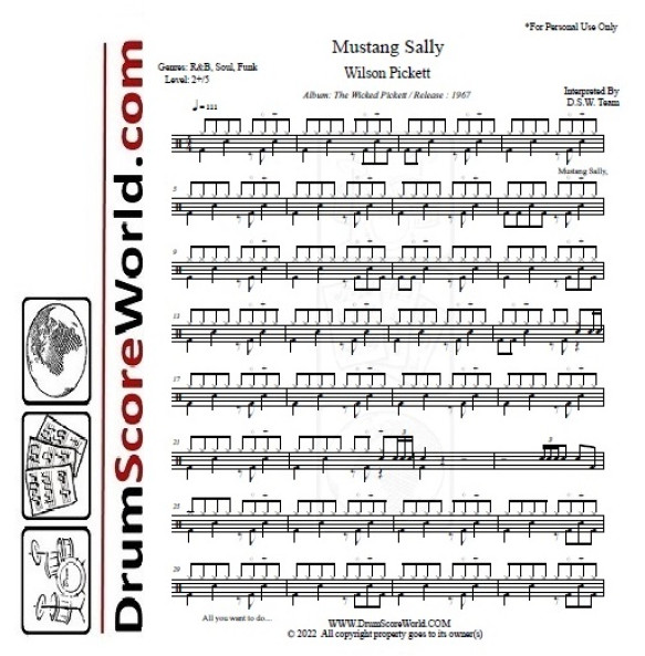 Wilson Pickett - Mustang Sally - Drum Sheet - Drum Score - Drum Note ...